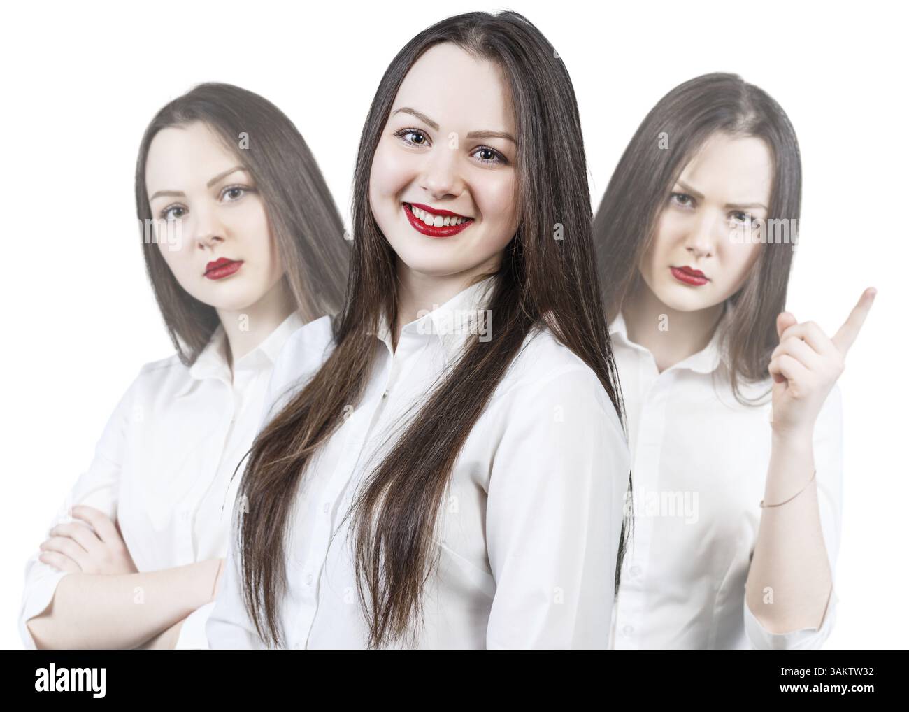 Collage of young beautiful woman with different emotions background ...