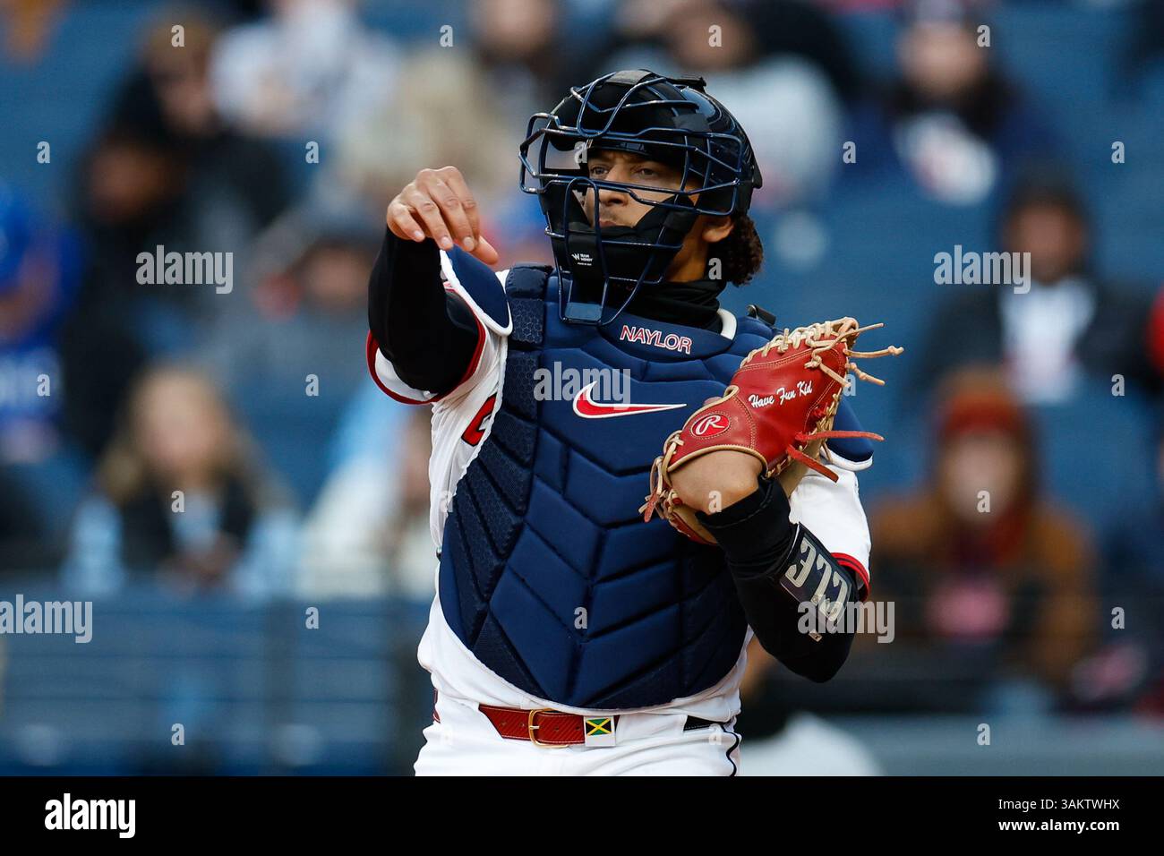 Cleveland, Ohio, USA. 12th Apr, 2025. Cleveland Guardians catcher Bo ...
