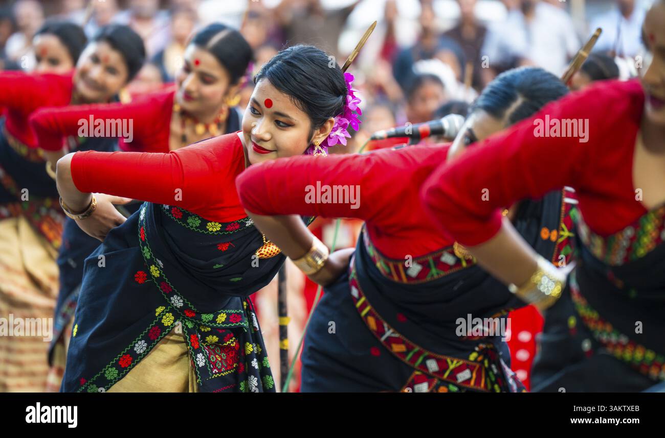 Participants with instructors dance on the final day of a Bihu dance ...