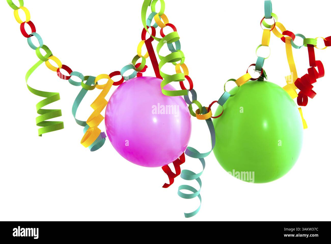 Handmade paper chain guirlande and balloons isolated over white Stock ...