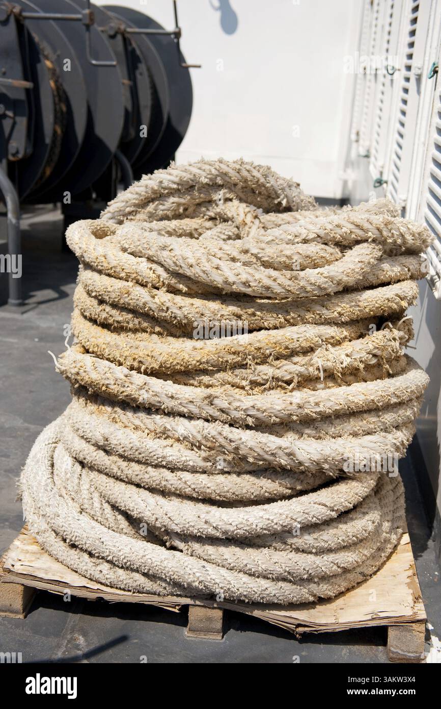 Big rolled rope at the ship on the deck Stock Photo - Alamy