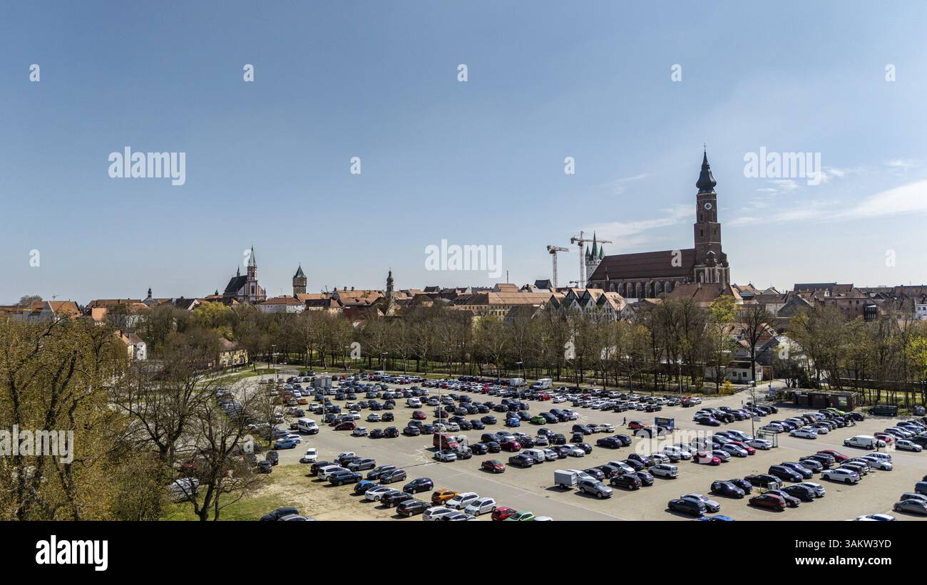 Town view with church and large car park, surrounding architecture in ...