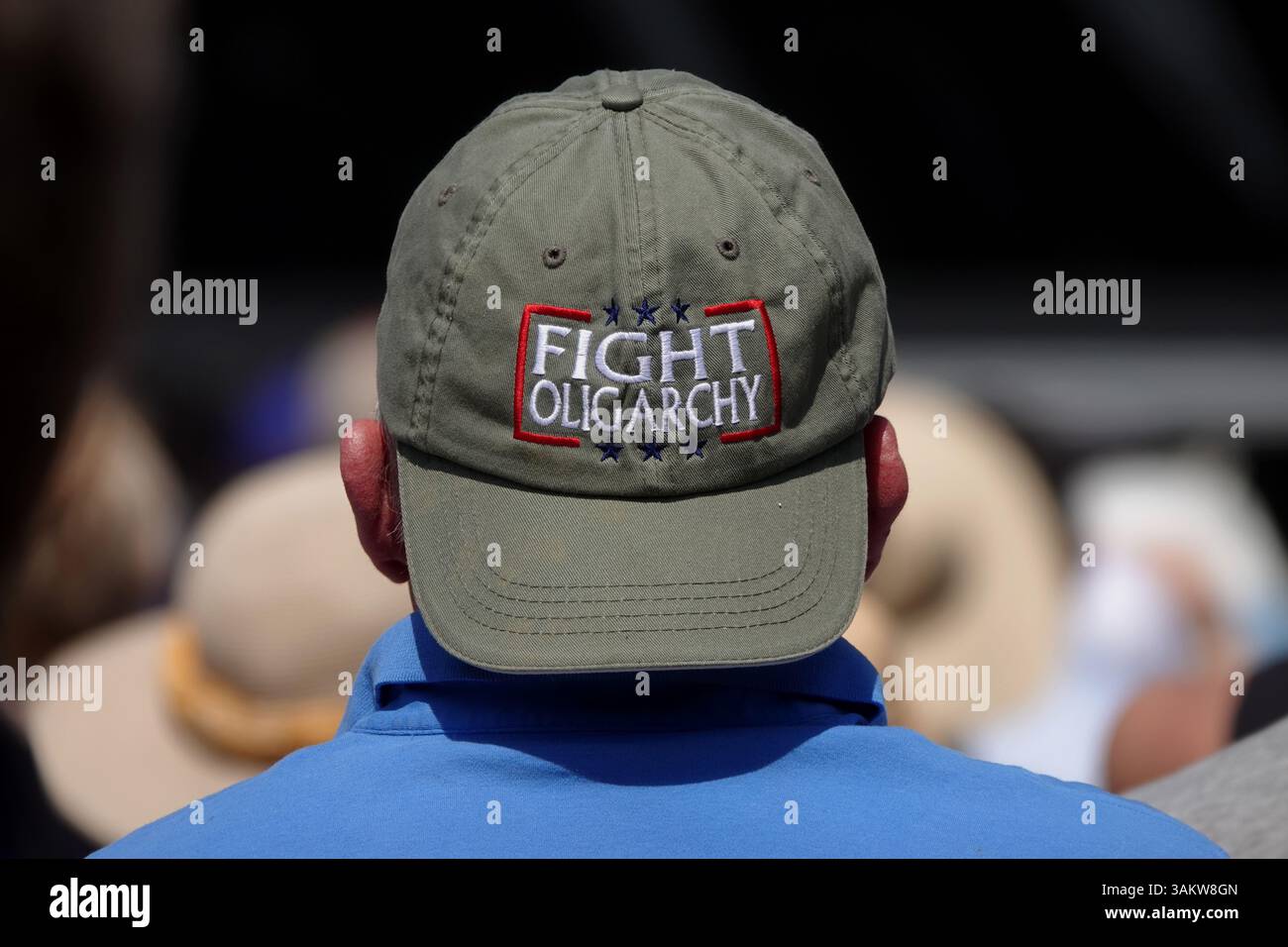 Los Angeles, CA, USA - April 12, 2025: A Fight Oligarchy hat is shown ...
