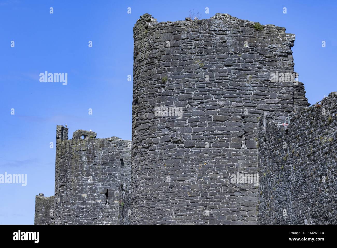 Conwy Castle, close-up of medieval castle walls under a clear blue sky ...