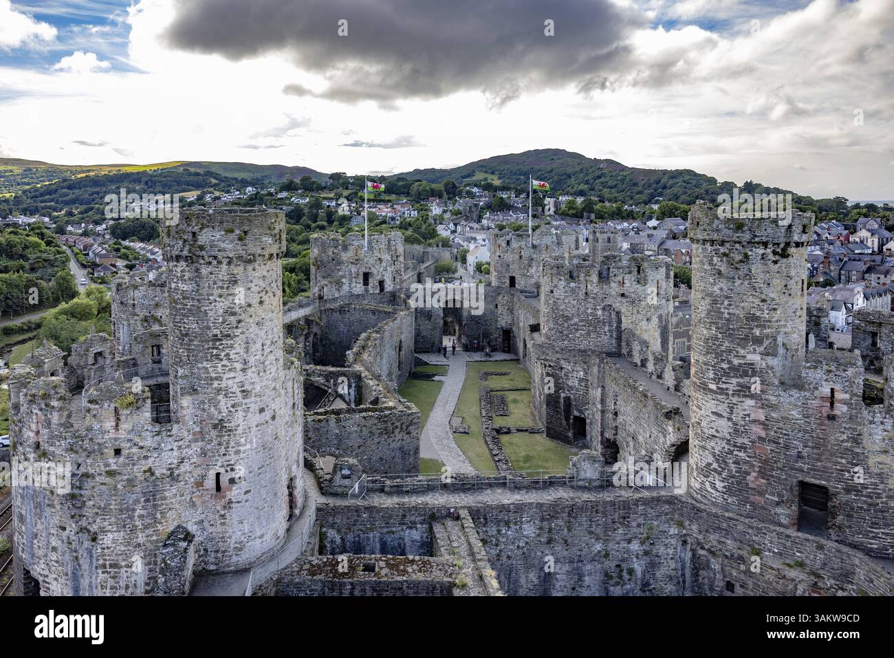 Conwy Castle, medieval castle with towers and surrounding town in a ...