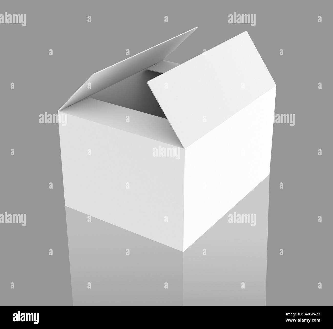 Blank opened white box with reflection over grey background. 3d ...