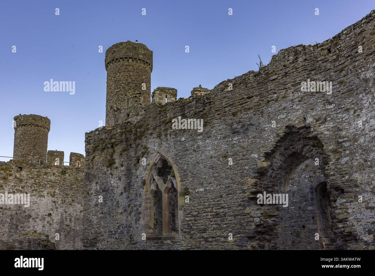 Conwy Castle, historic castle ruins, castle wall with arches, windows ...