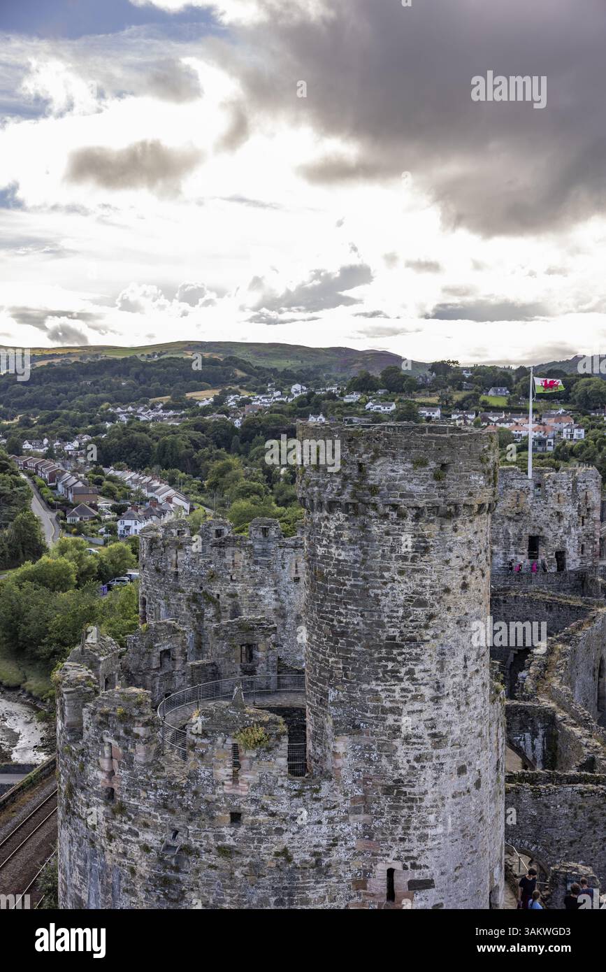 Conwy Castle, medieval castle with towers and surrounding town in a ...