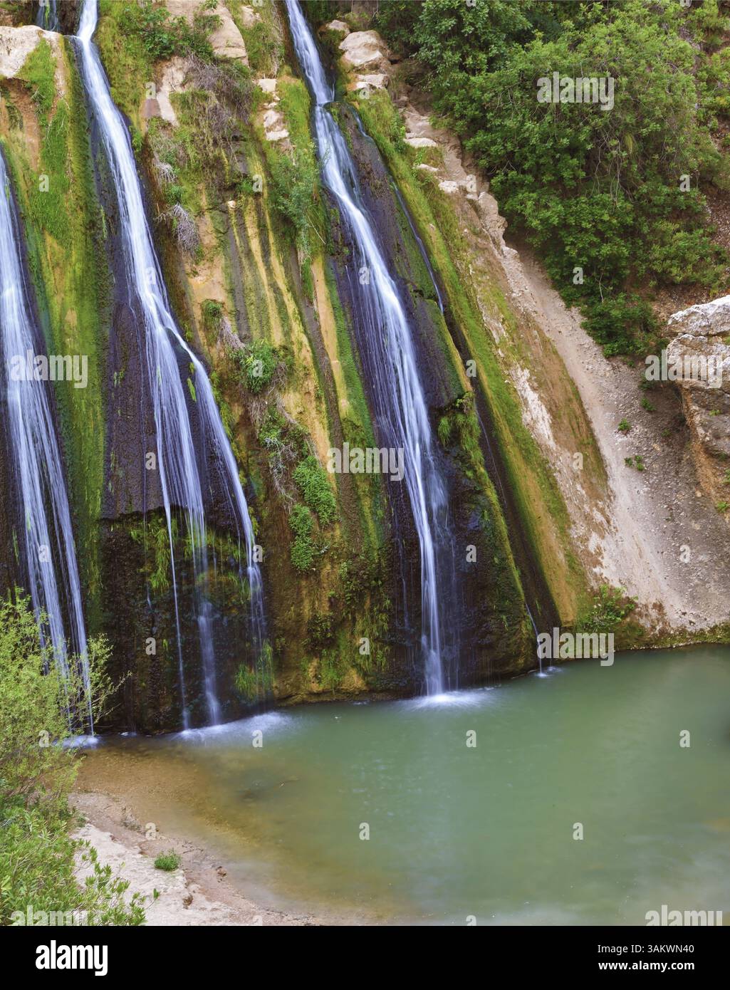 Unusual three-jet waterfall. Three parallel streams running down the ...