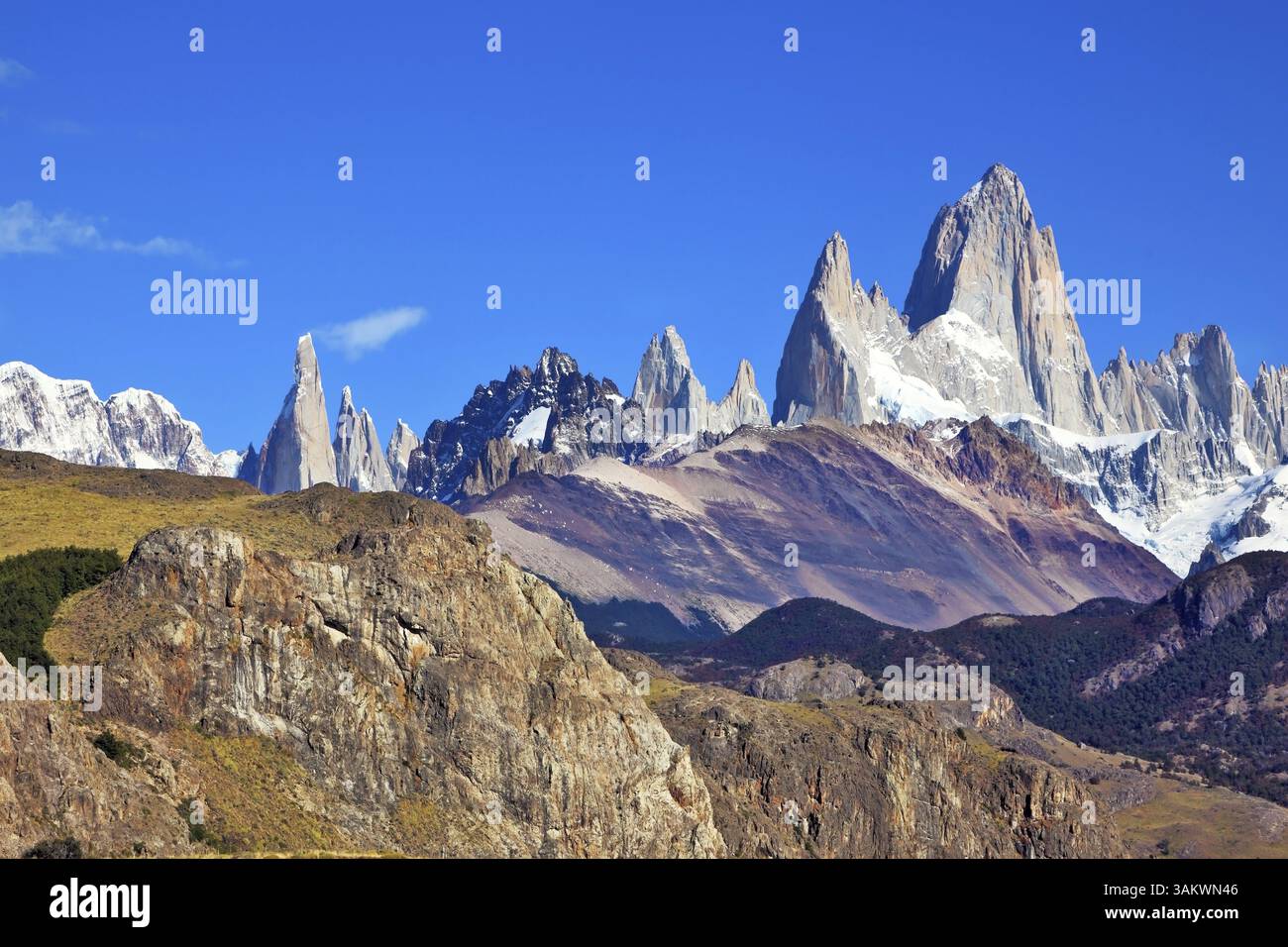 Magnificent panorama of snow-capped mountains in Patagonia. Famous rock ...