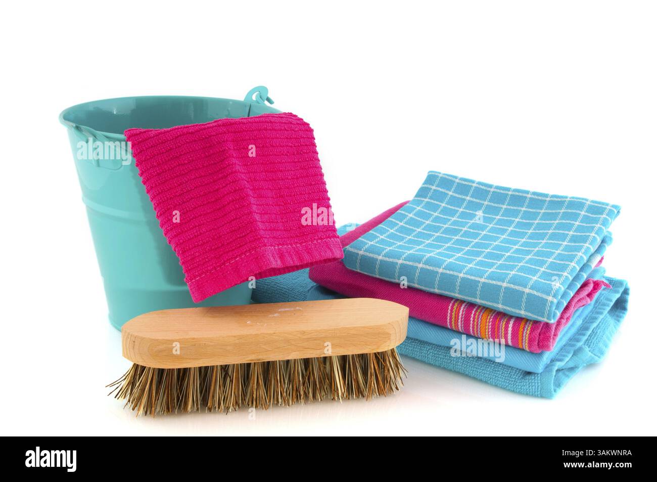 Metal bucket with scrubbing brush and dish clothes Stock Photo - Alamy