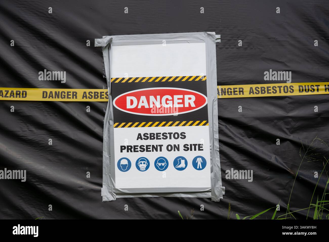 Asbestos danger hazard sign, warning house demolition fire, asbestosis ...