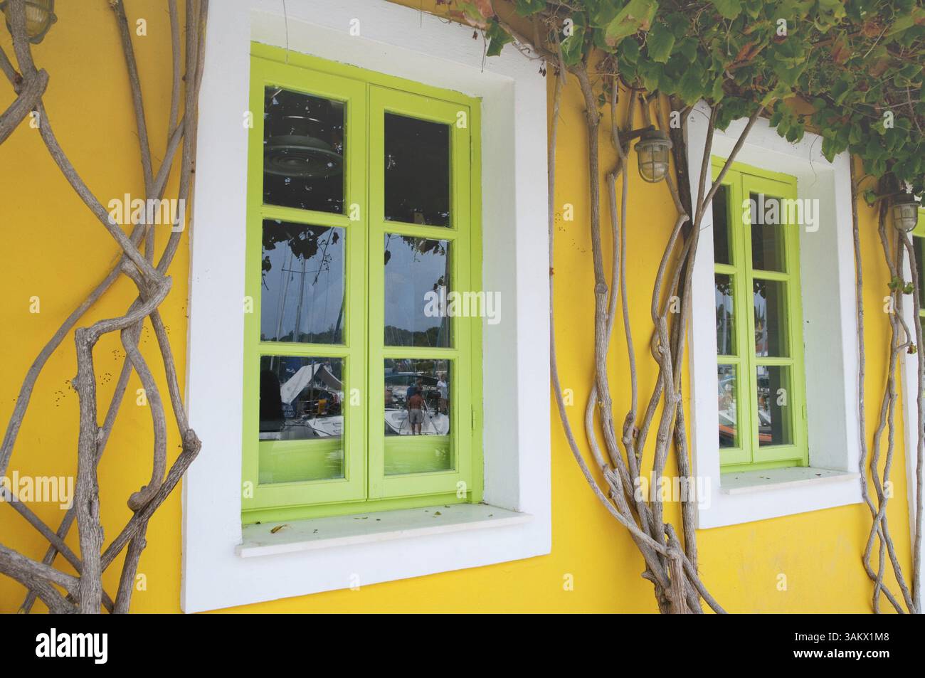 Green Greek double windows in yellow house Stock Photo - Alamy