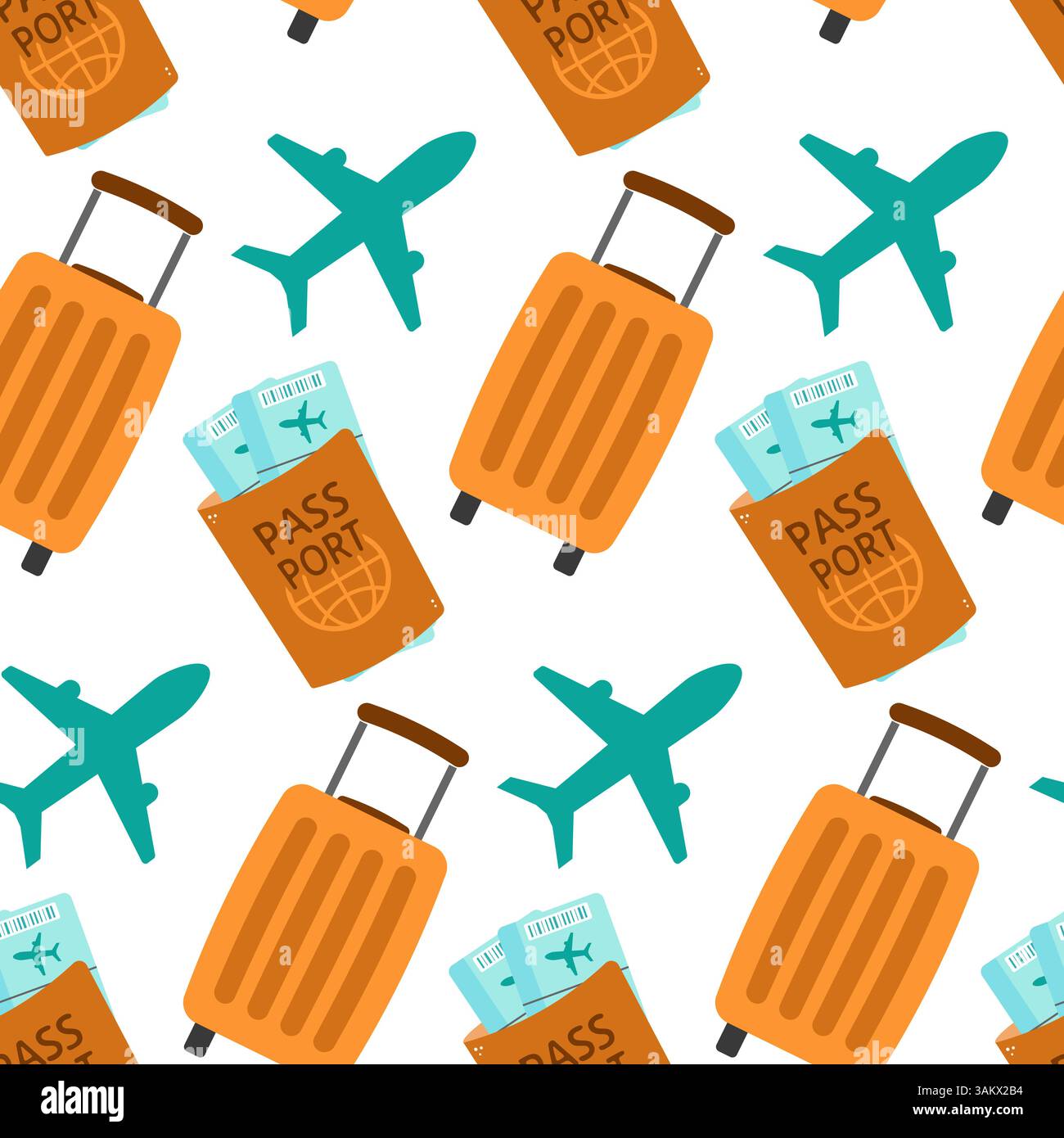 Seamless travel themed pattern with passports, luggage, airplane ...