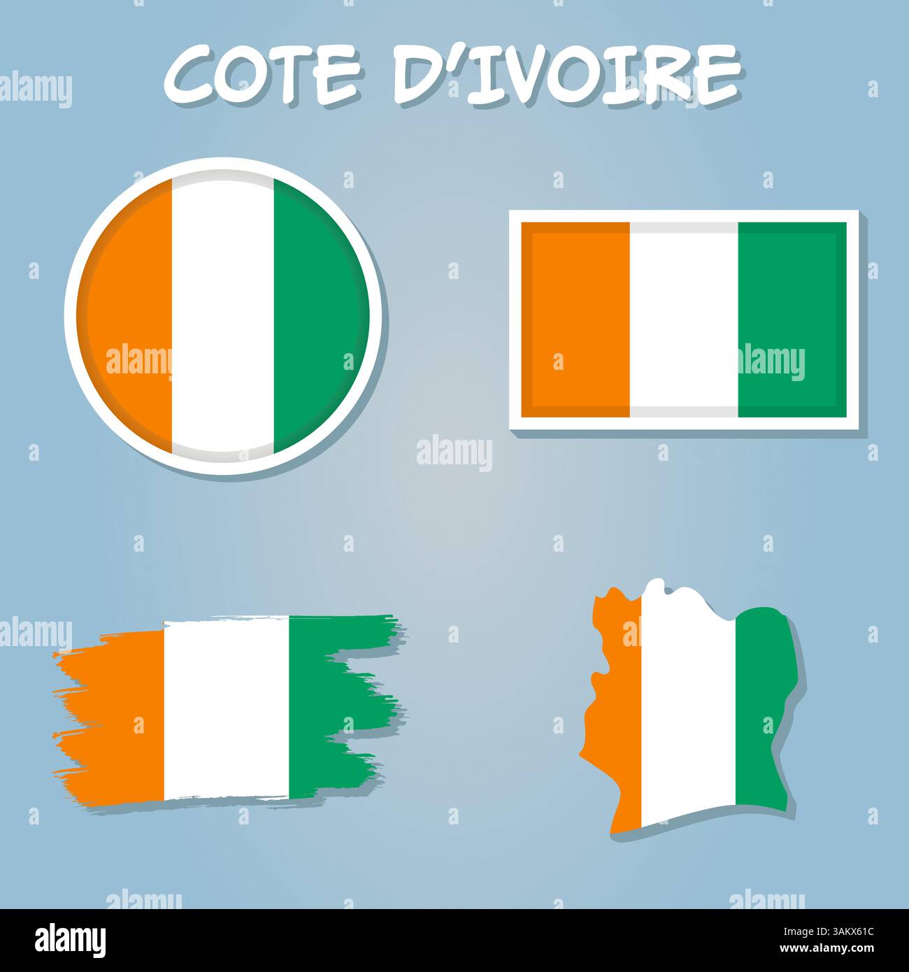 Vector of Ivory Coast country outline silhouette with flag set Stock ...