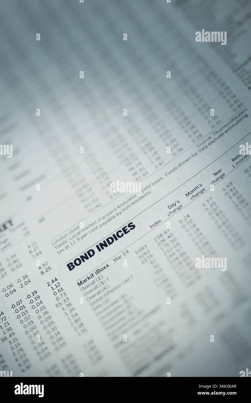 Article in the financial newspaper with the words Bond Indices Stock ...