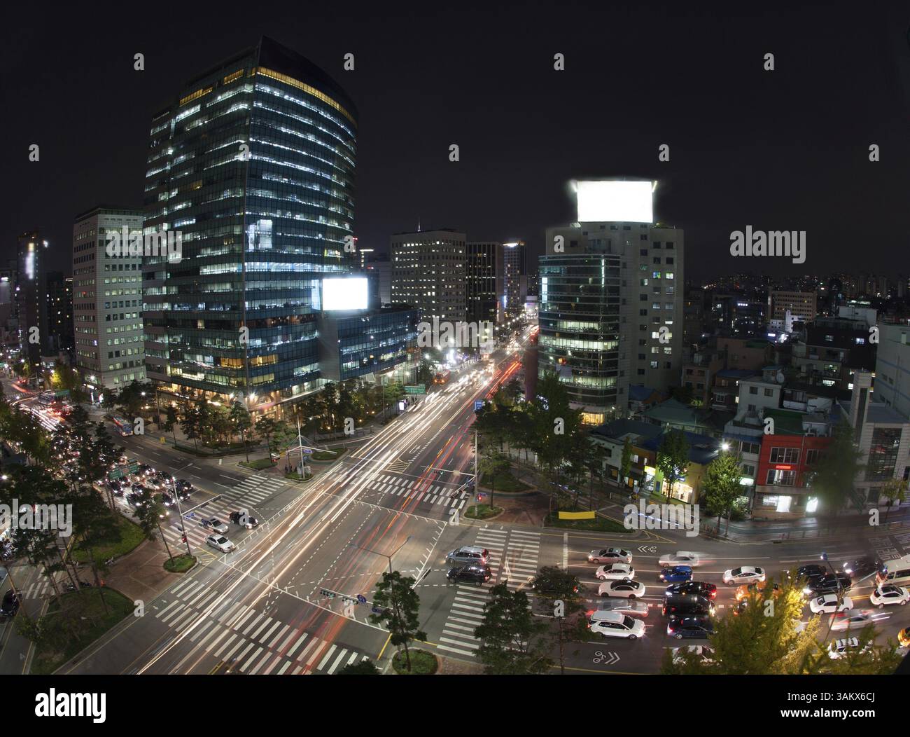 High angle shot of night metropolis Seoul in South Korea. Illuminated ...