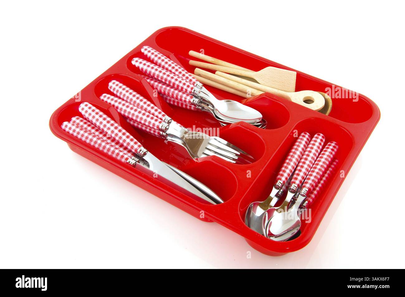 Cheerful red checkered cutlery in plastic box Stock Photo - Alamy
