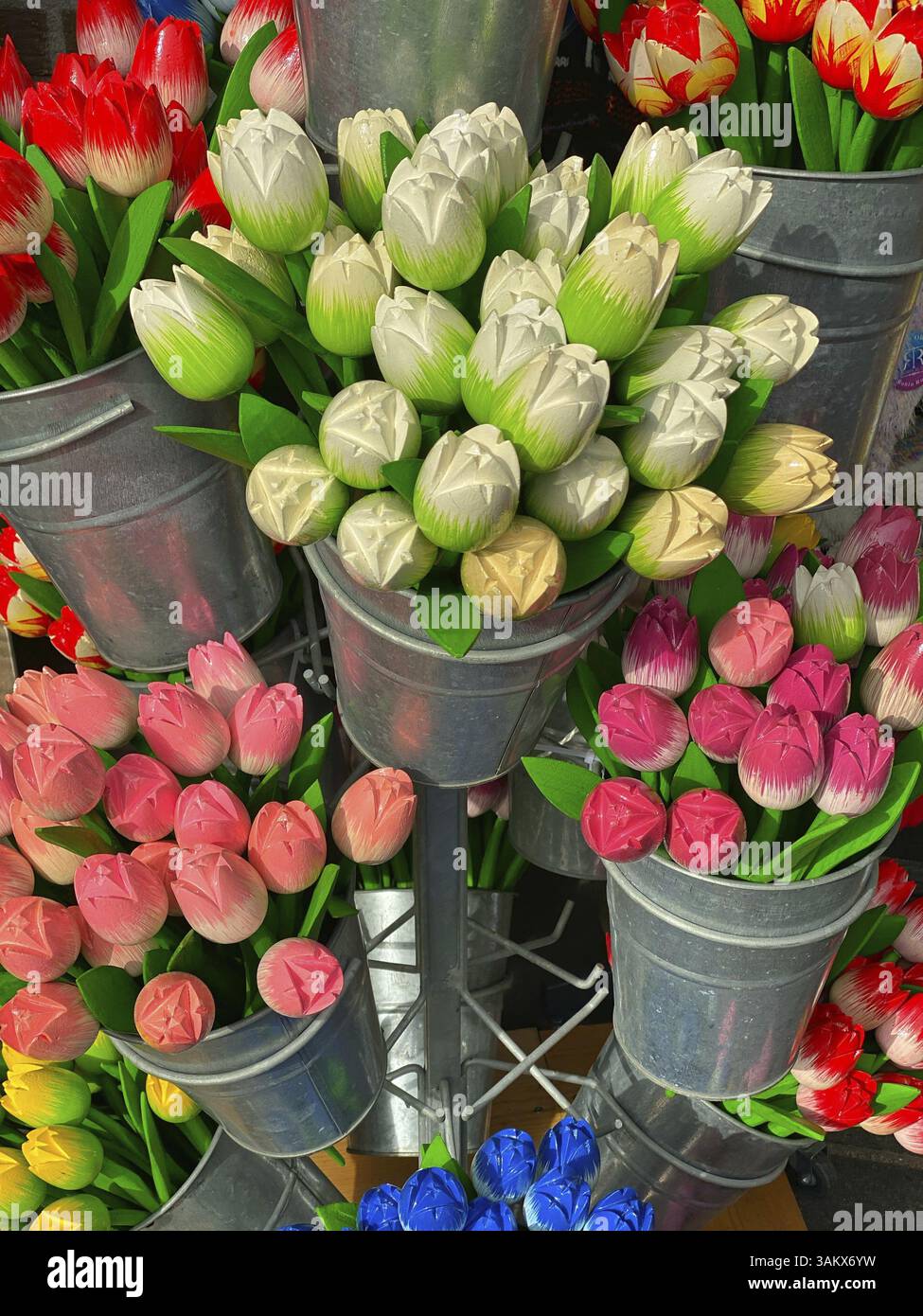 Wooden tulips in the shop in Volendam. Volendam is a town in North ...
