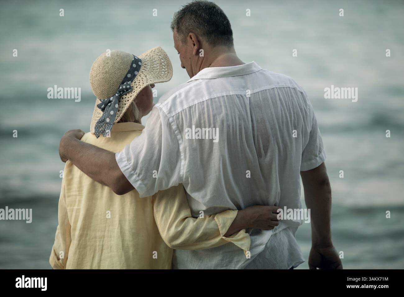 A middle-aged couple hugging in front of the sea, turned their backs on ...