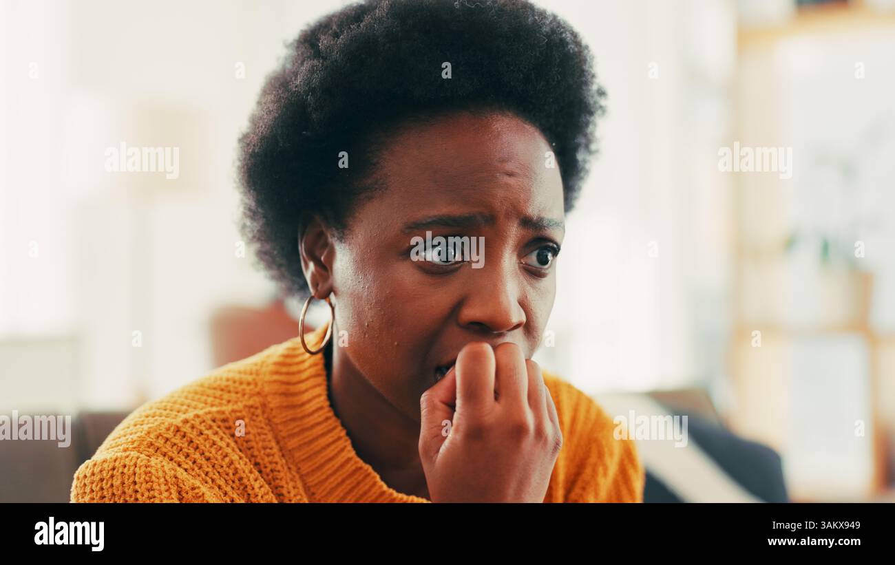 Anxiety, biting nails and black woman in home with stress, mental ...