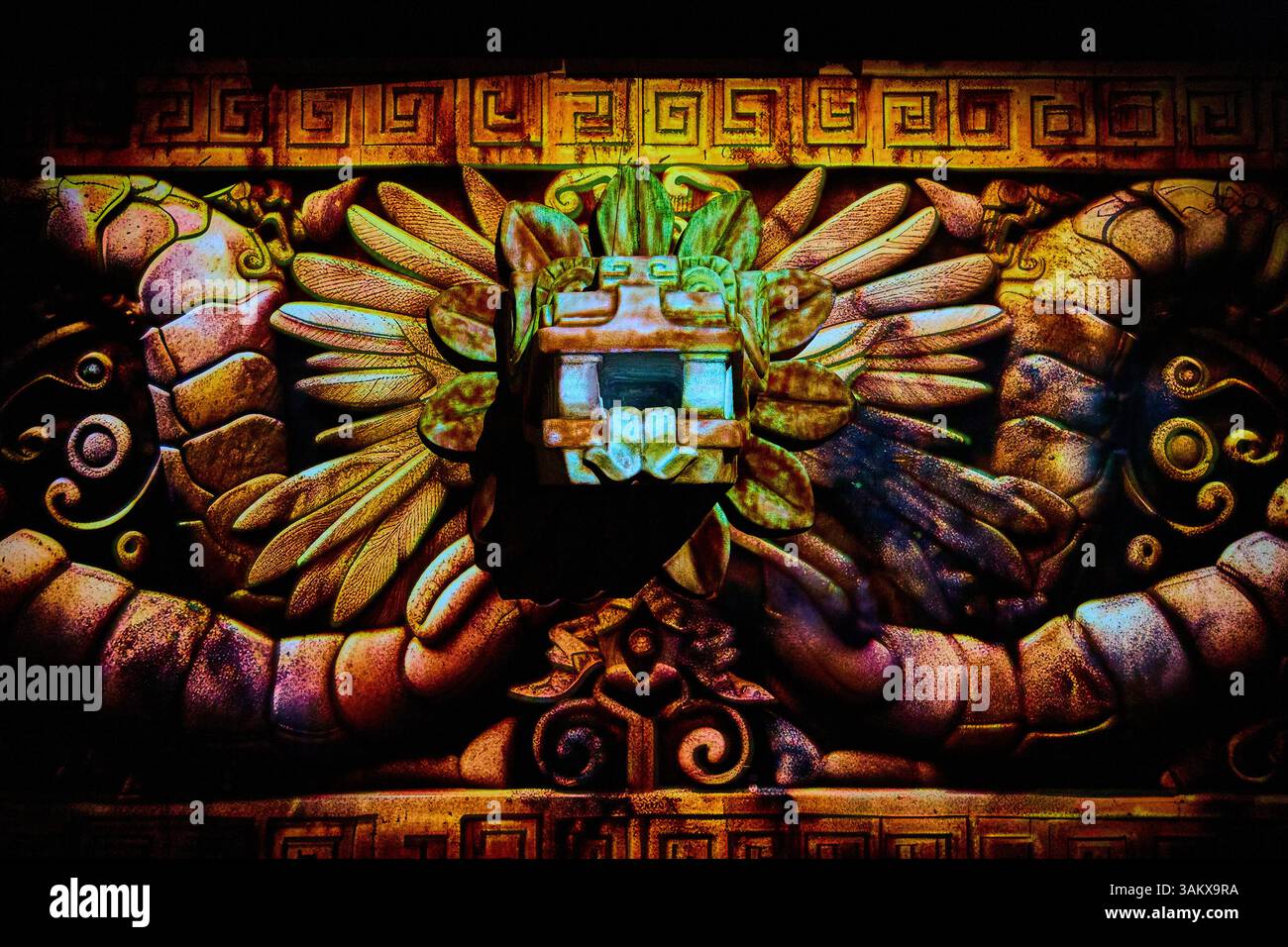 Ancient Aztec Stone Carving with Mythical Face Eye-Level Perspective ...