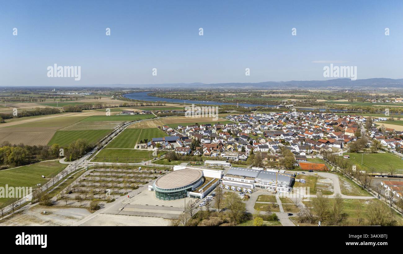 Landscape with river and city from a bird's eye view with wide sky and ...