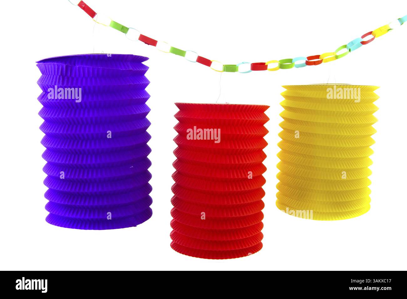 Paper chain and colorful Chinese lanterns isolated over white Stock ...