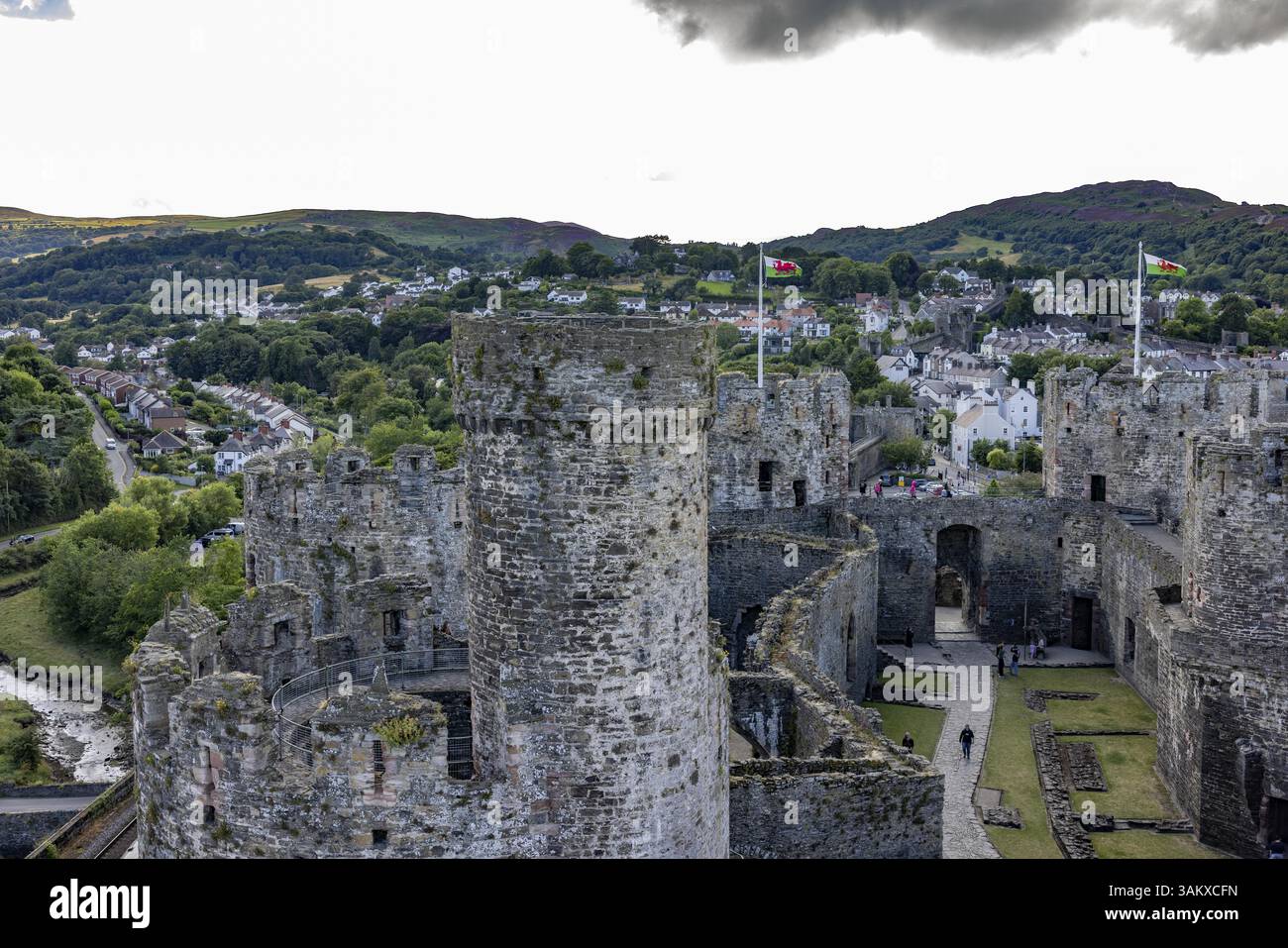 Conwy Castle, medieval castle with towers and surrounding town in a ...