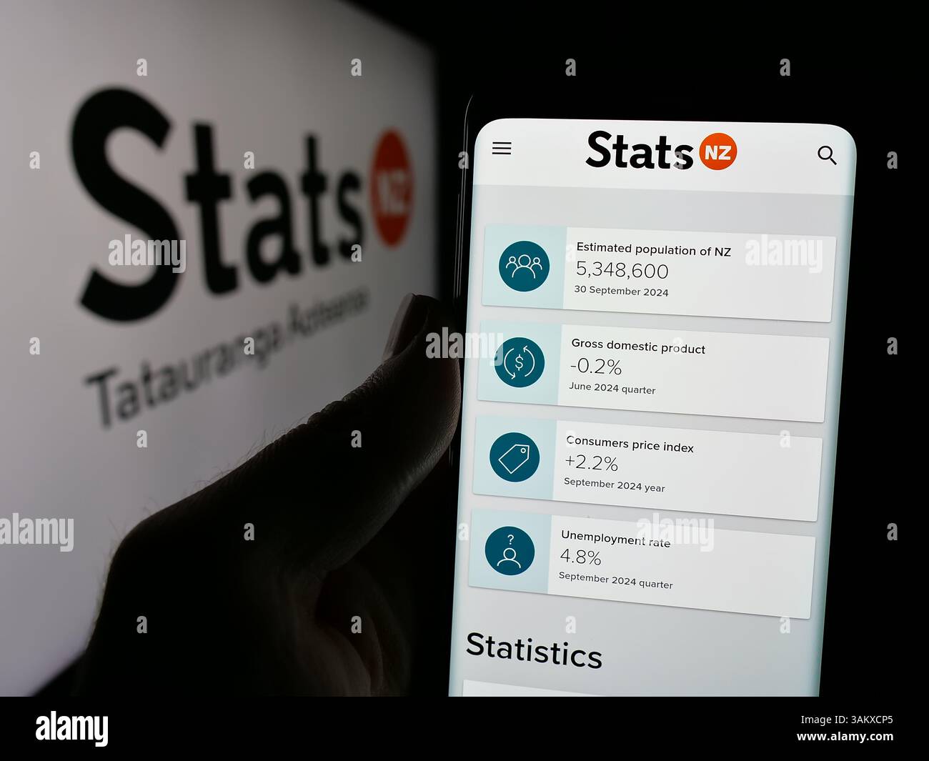Stuttgart, Germany - 11-26-2024: Person holding cellphone with webpage of agency Statistics New ...