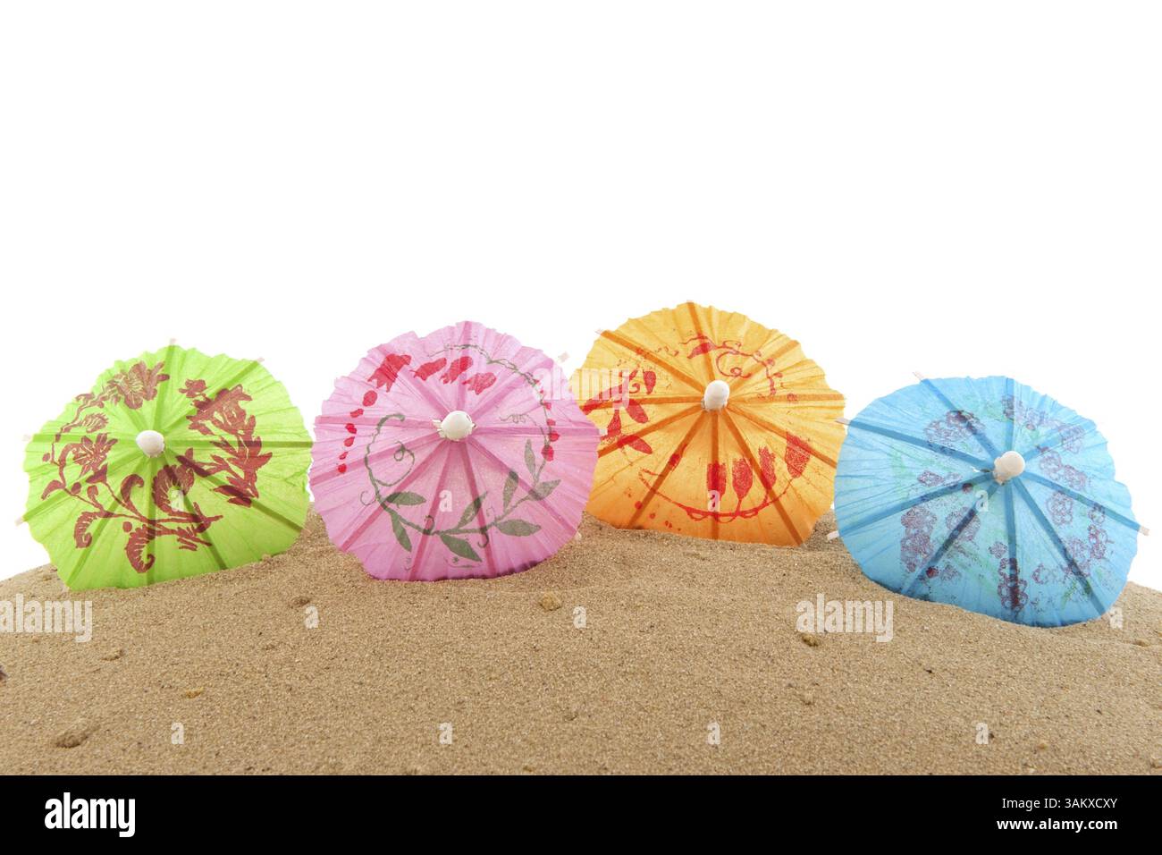 Tropical beach with colorful parasols on white background Stock Photo ...