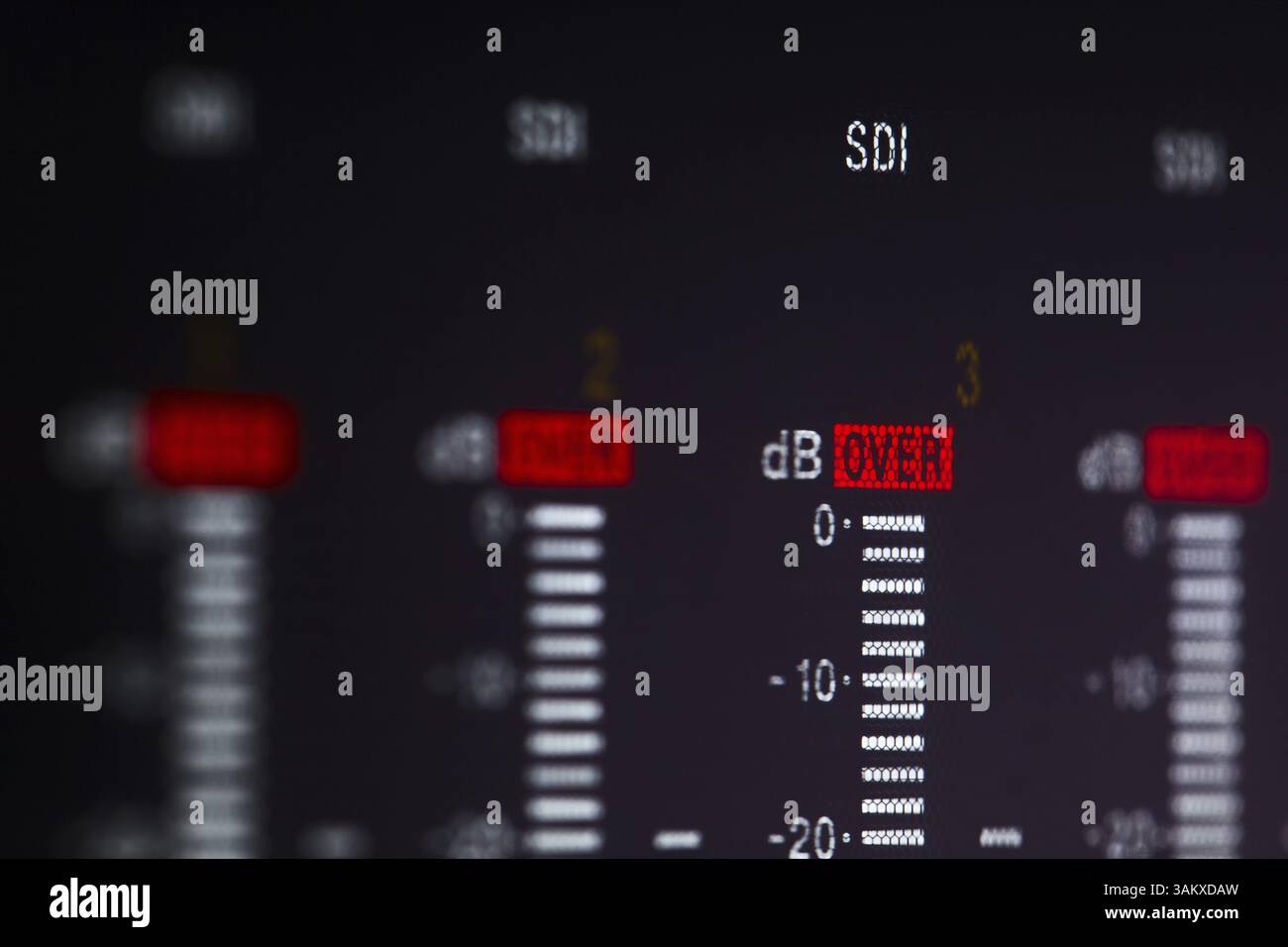Display of the professional video recorder with alarm Over signal. Too ...