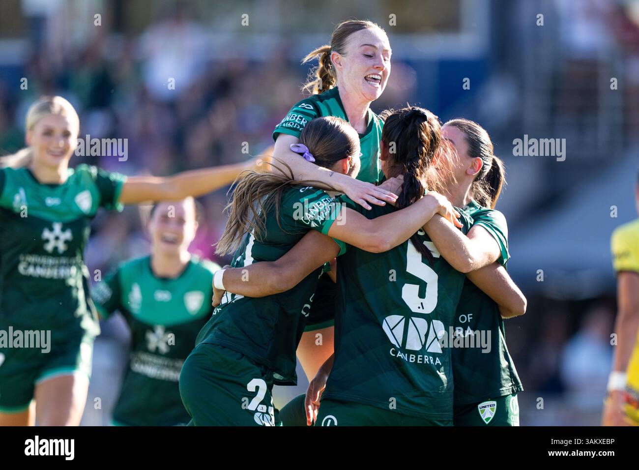 Canberra, Australia; 13th Apr 2025: Canberra United FC team-mates ...
