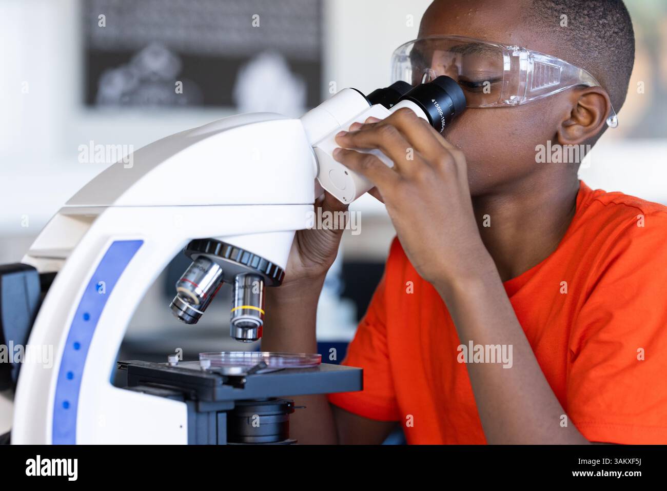 Using microscope, student in school wearing safety goggles, focusing on ...