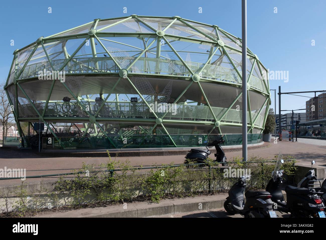 The Bike Apple, a bicycle parking facility at the train station, made of steel with several ...