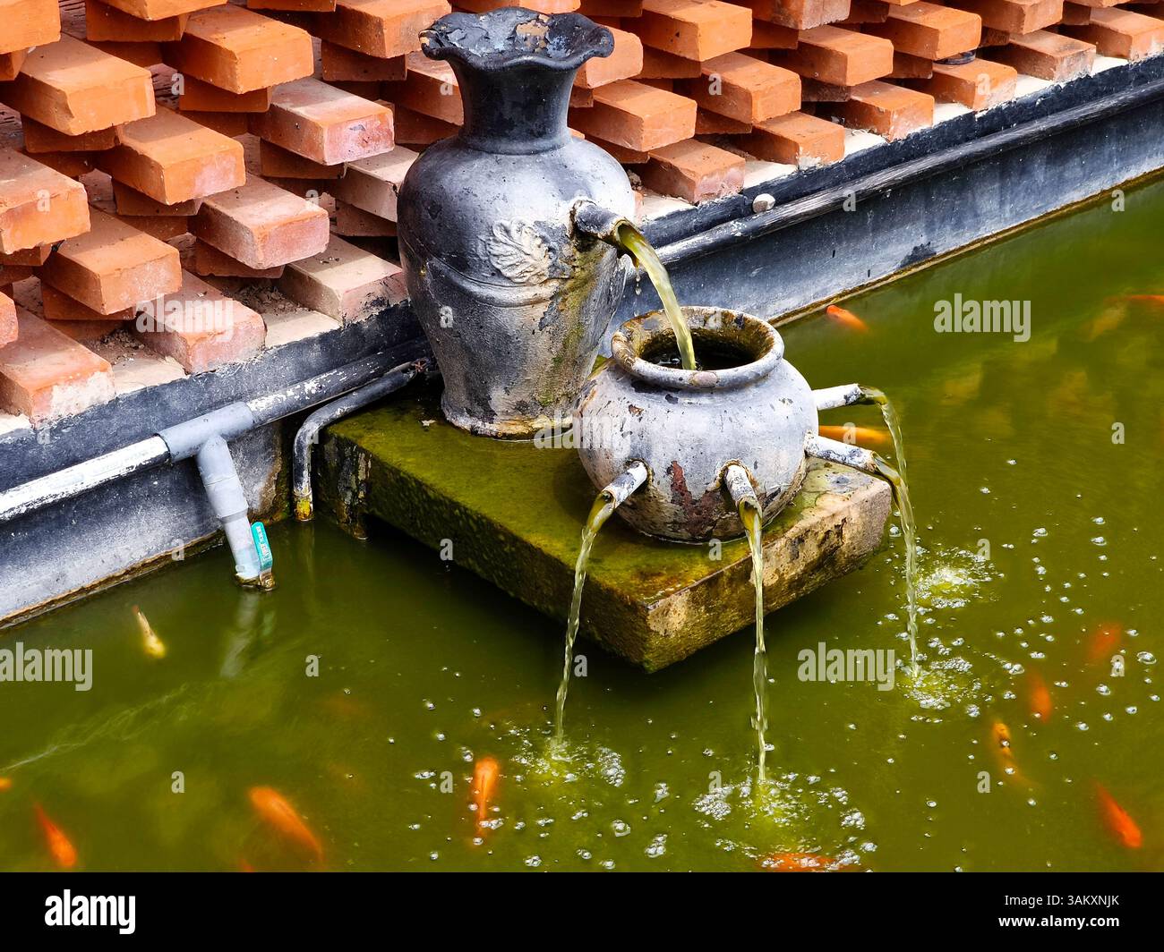 top view of a decorative fountain in a mossy and unkempt fish pond ...