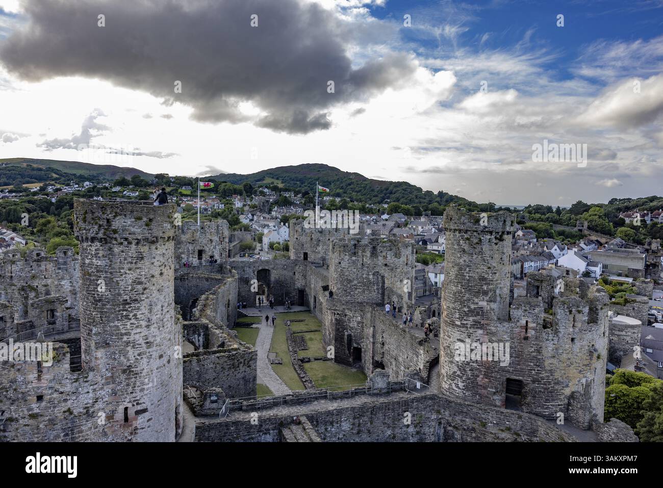 Conwy Castle, medieval castle with towers and surrounding town in a ...