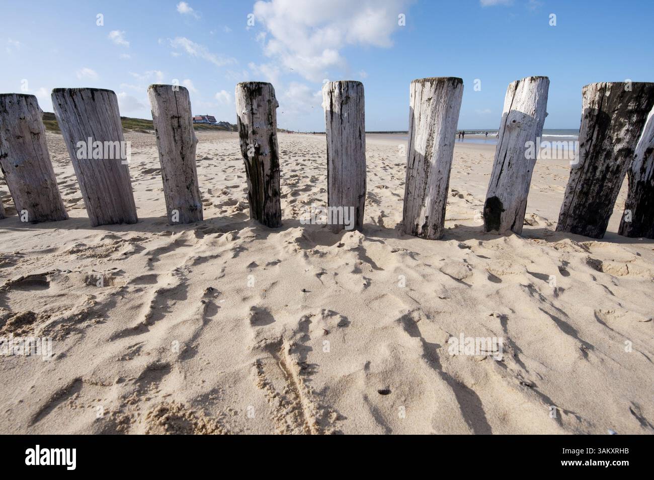 Beach with wooden weave breakers in landscape Stock Photo - Alamy