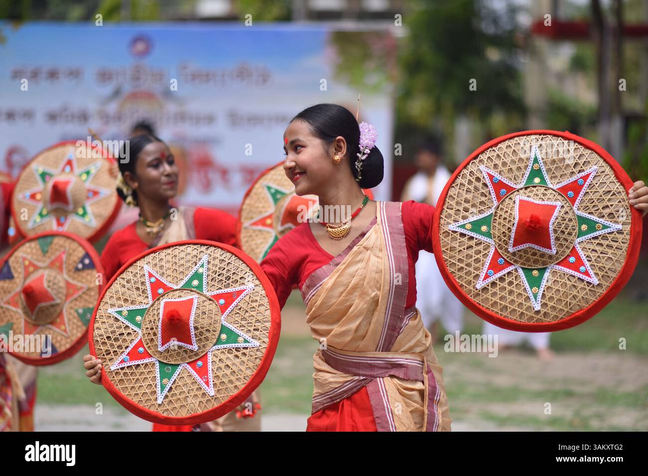 Assam. 12th Apr, 2025. Women in traditional dress perform folk dance ...