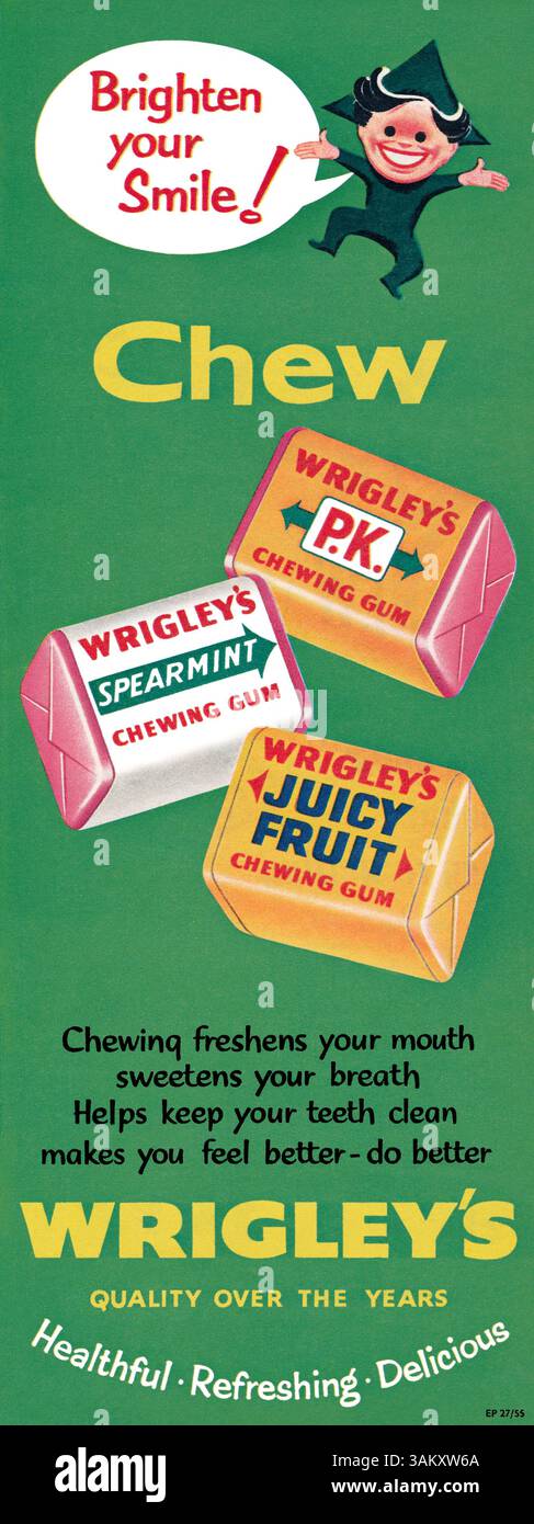 1955 British advertisement for Wrigley's chewing gum. P.K., spearmint ...