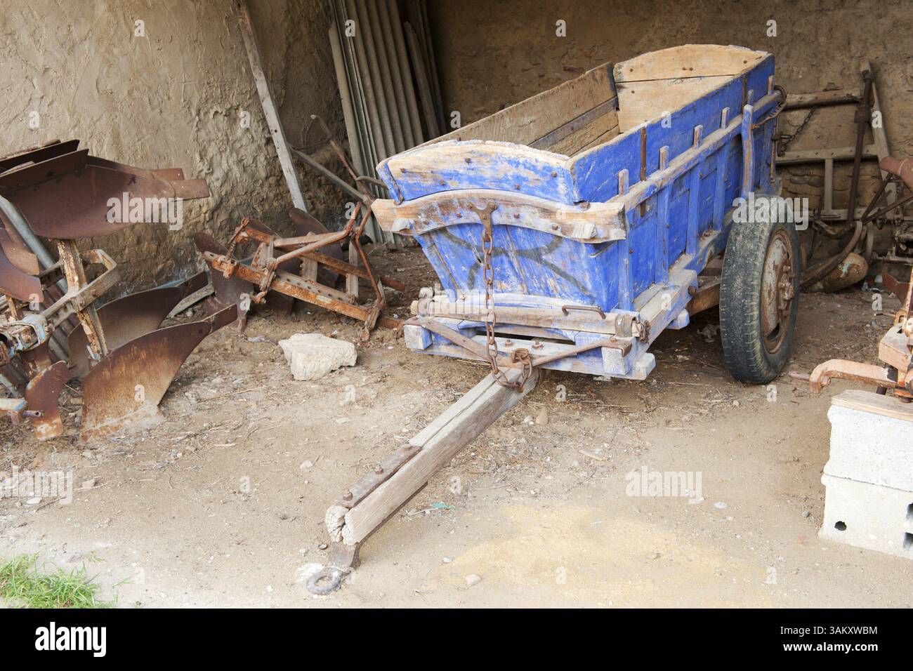 Interior of old French barn with wooden lavender car Stock Photo - Alamy