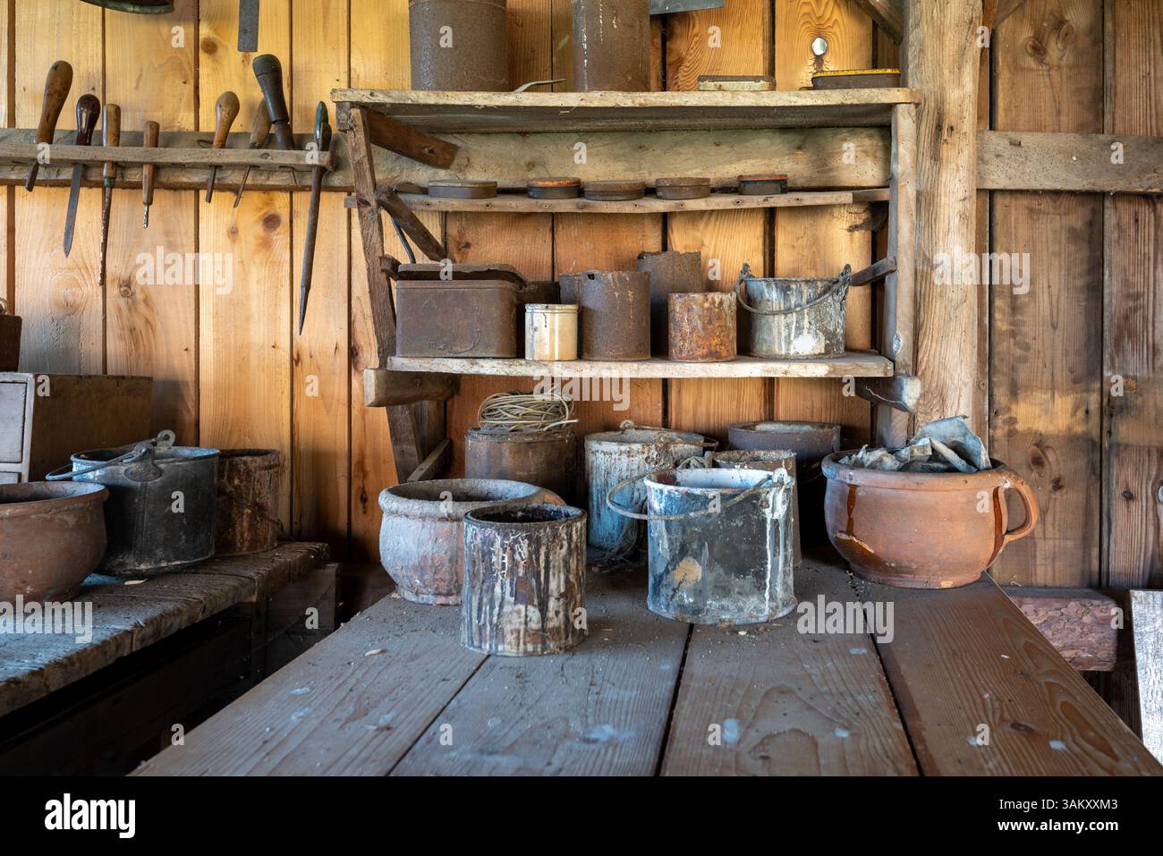Old fashioned workshop with period tools and accessories in the Weald ...