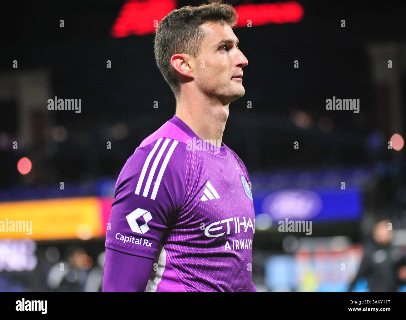 Queens, USA. 12th Apr, 2025. Goalkeeper Matthew Freese (49) on Saturday ...