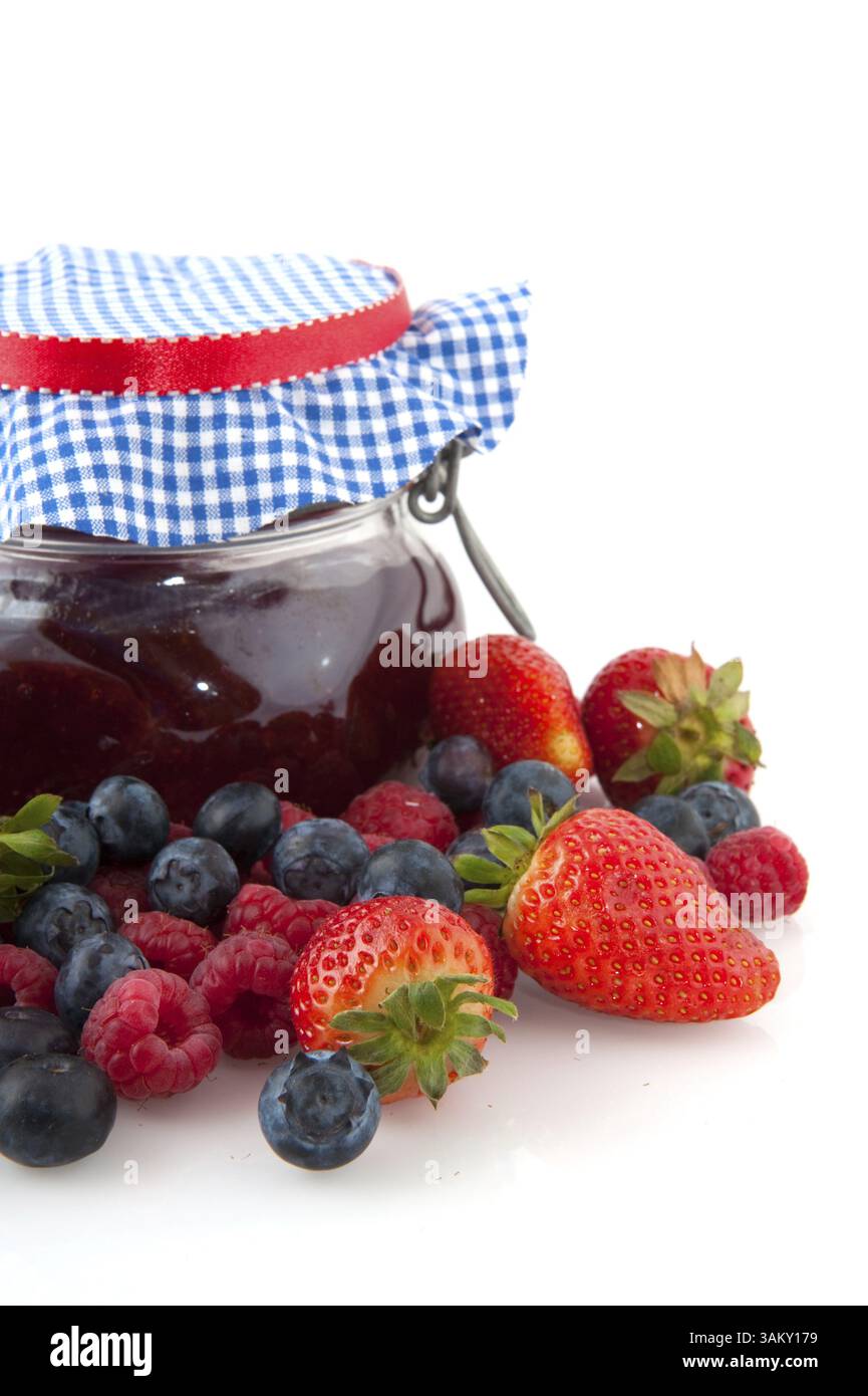 Home made fruit jam from different kind of fruits in glass pots Stock ...