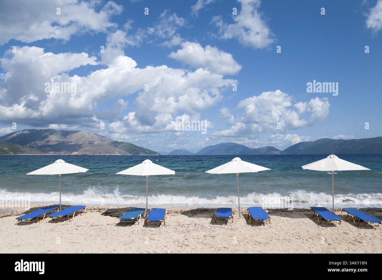 Beach at the Greek ionian island Kefalonia with parasols Stock Photo ...