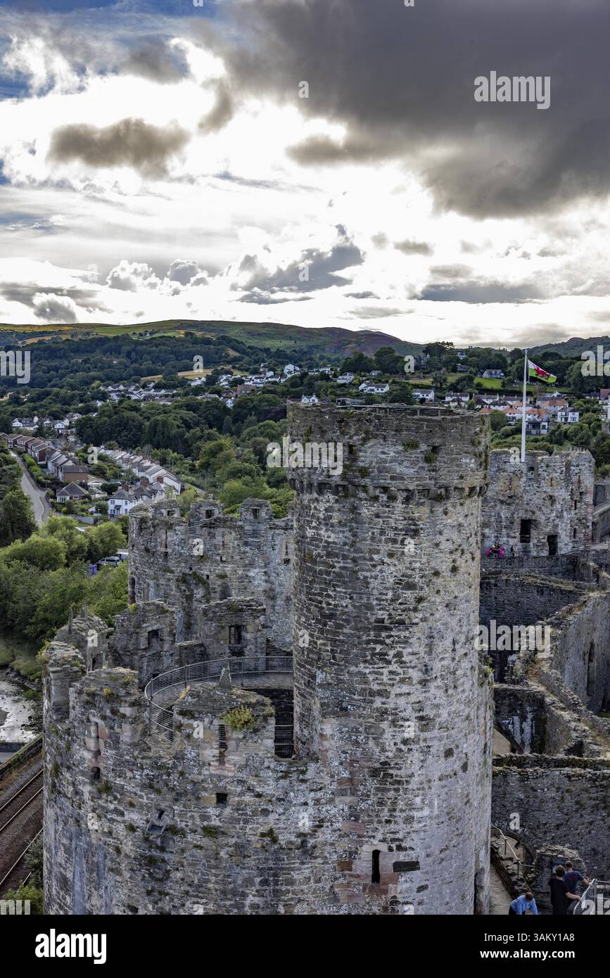 Conwy Castle, medieval castle with towers and surrounding town in a ...