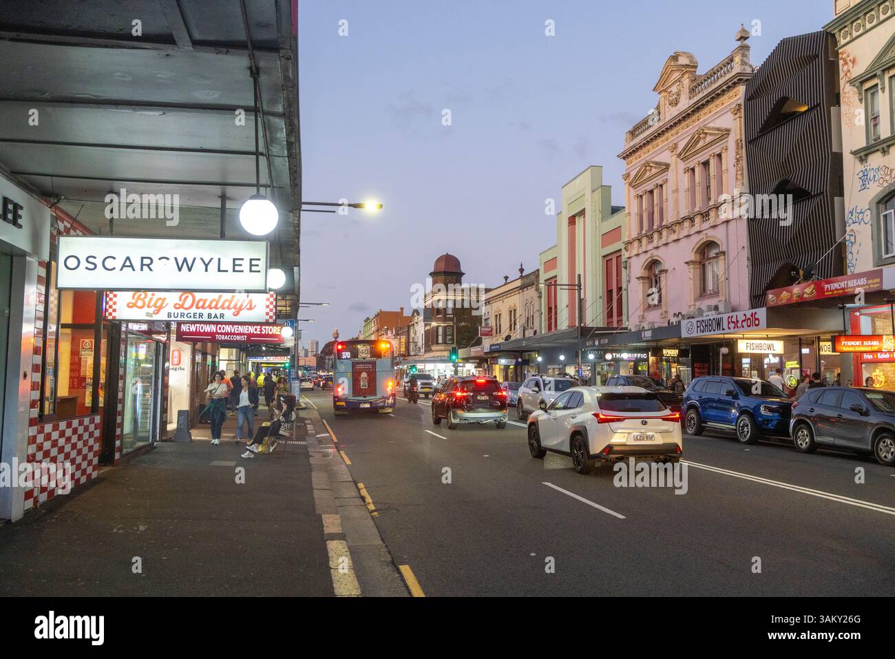 Urban scene, King street in the centre of Newtown, hip suburb in Sydney ...