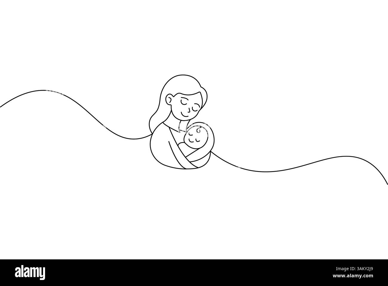 Mother and baby continuous single line art and isolated outline vector ...
