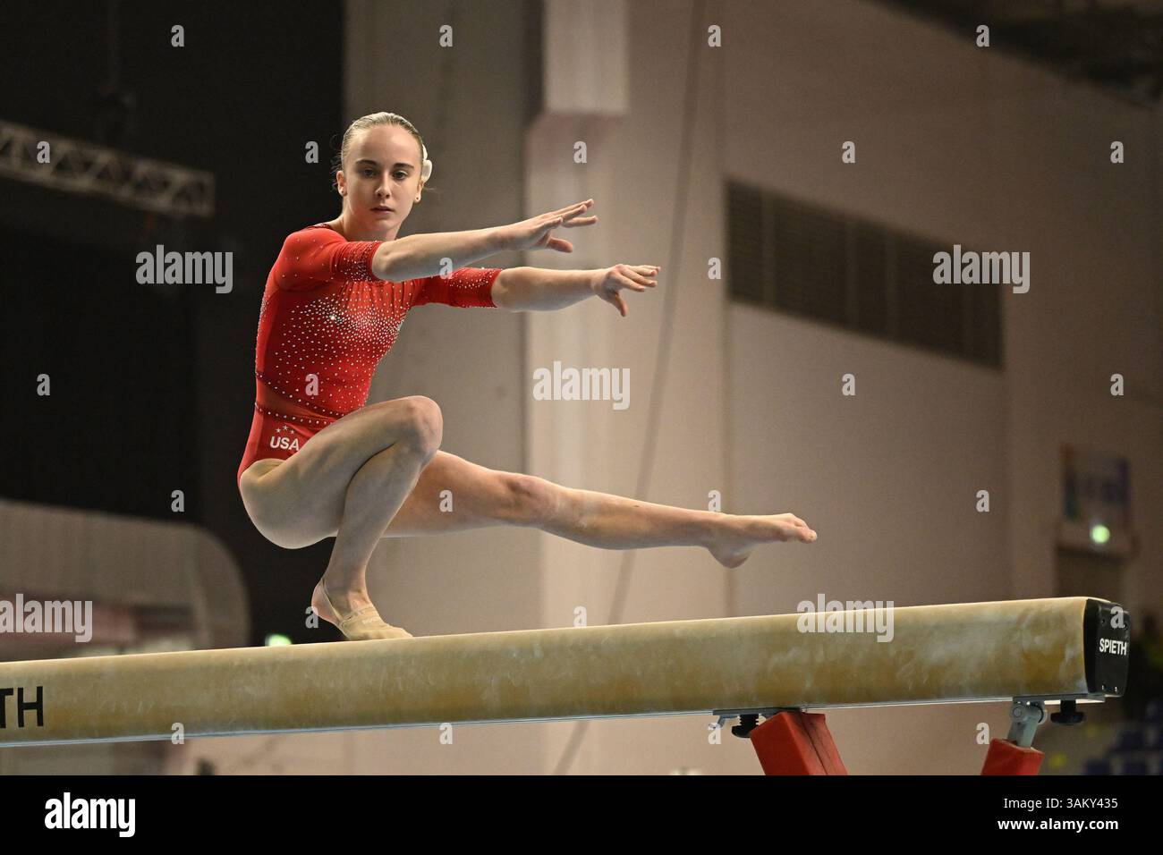Jesolo, Italy. 13th Apr, 2025. Claire Pease (USA) beam during Trophy ...
