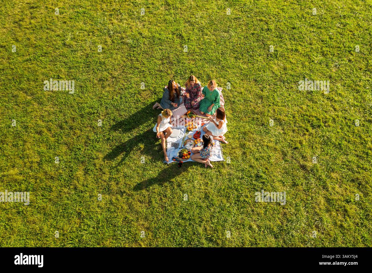 Aerial view with a group of young women having a picnic at sunset in ...